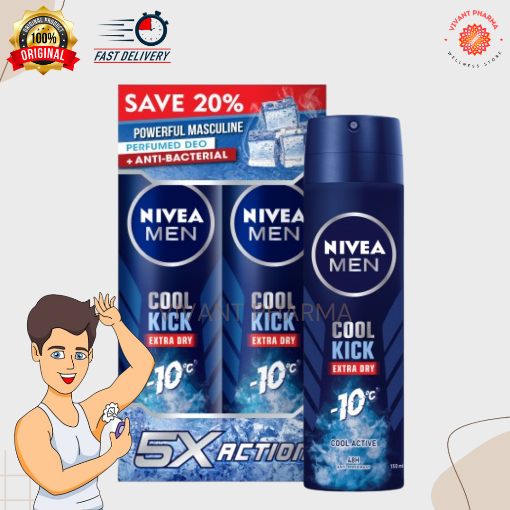 Nivea For Men Deodorant Cool Kick Extra Dry Spray Twin Pack 2x150ml ...