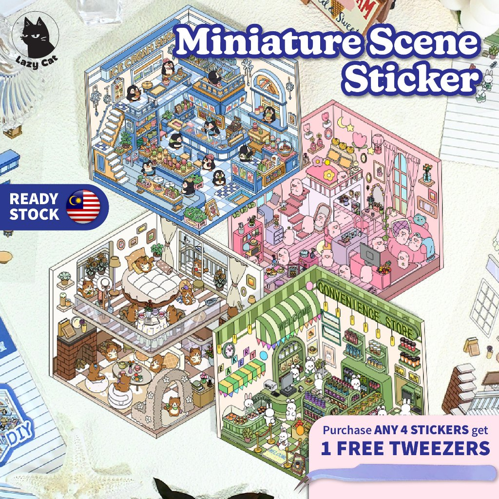 Lazy Cat 3D Miniature Scenes Sticker DIY Cute Cartoon Journal Korean ...