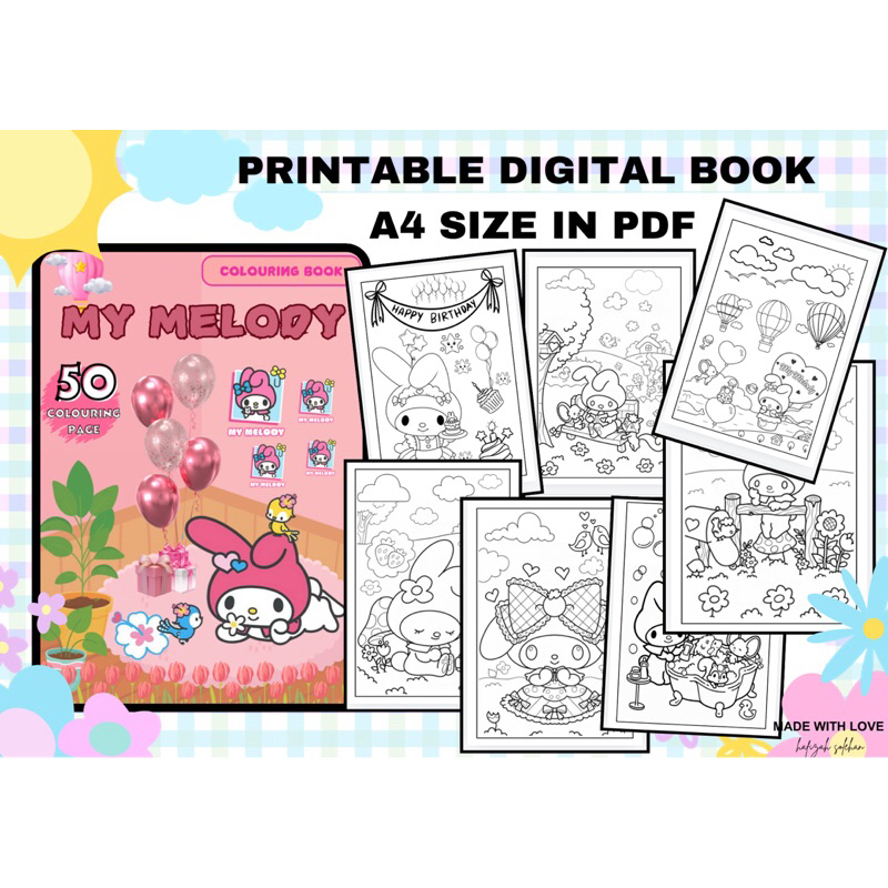 50 MY MELODY PRINTABLE A4 SIZE DIGITAL COLOURING BOOK PDF FILE FOR KIDS ...