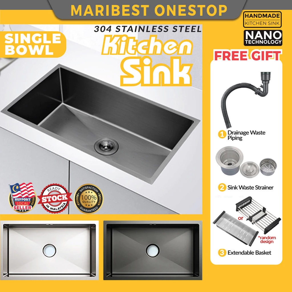 Single Sink SUS 304 Stainless Steel Home Kitchen Sink Sinki Dapur Nano ...
