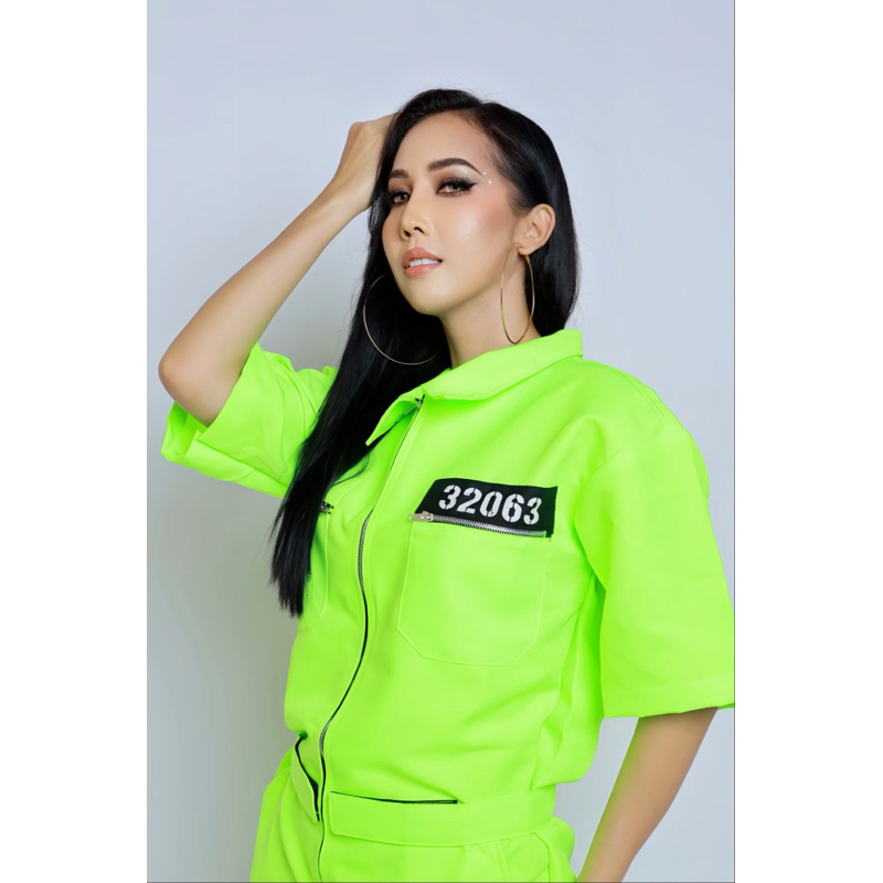 Lime Green Neon Costume Party Jumpsuit Prisoner Fashion Uniform ชุดหมี ...