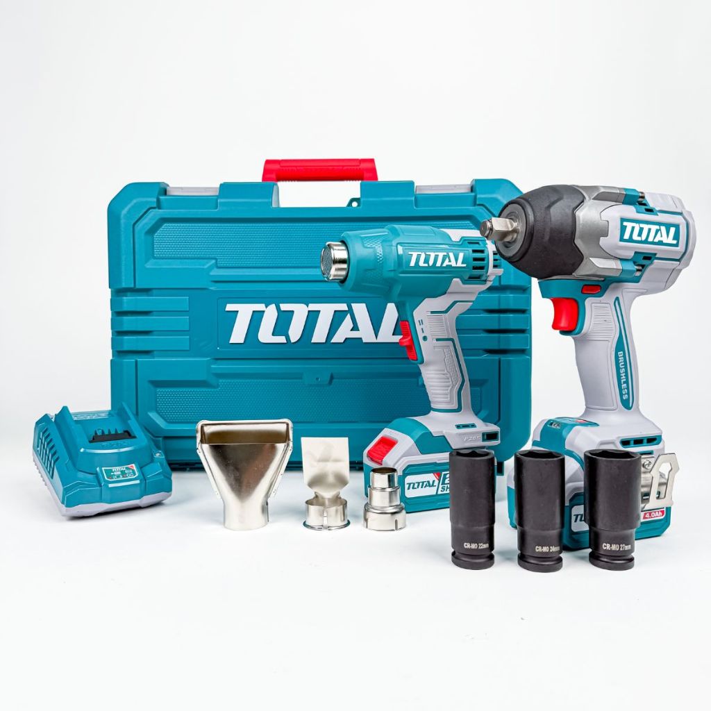 TOTAL Li-ion Combo Kit w/ Brushless Impact Wrench (850Nm) & Heat Gun ...