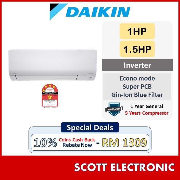 DAIKIN R32 Inverter Air Conditioner (1.0hp/1.5hp) FTKF Aircond Wifi ...