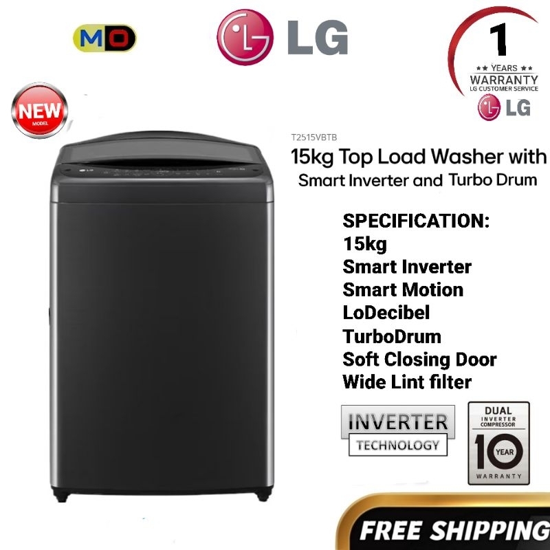 （FREE SHIPPING）LG (15kg) T2515VBTB Top Load Washer with Smart Inverter/Turbo Drum/Smart Motion ...