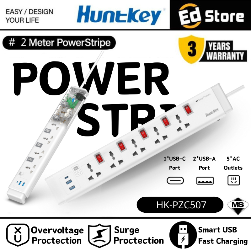 HUNTKEY PZC507 Universal Triple Socket (2M) | 7 in 1 Power Strip ...