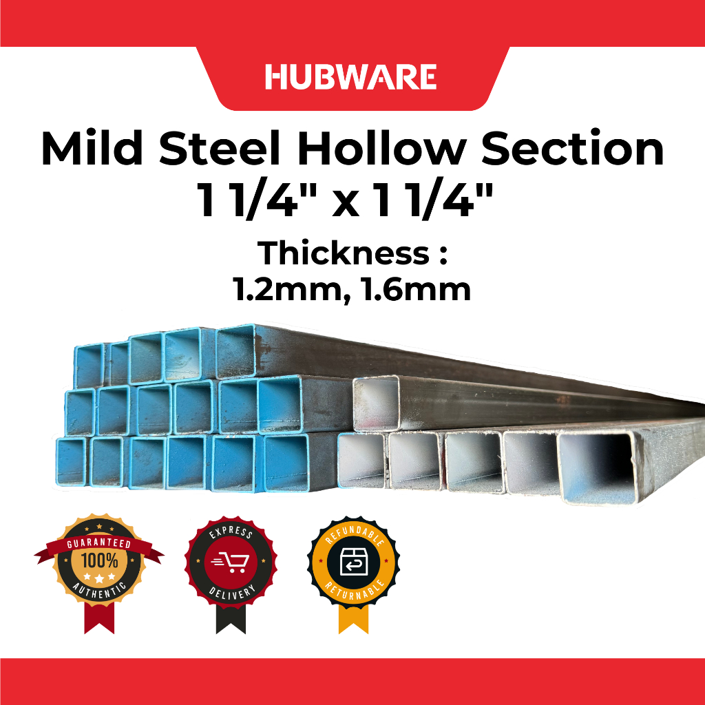 1 1/4" x 1 1/4" Thickness 1.2mm, 1.6mm Mild Steel Hollow Section Besi ...