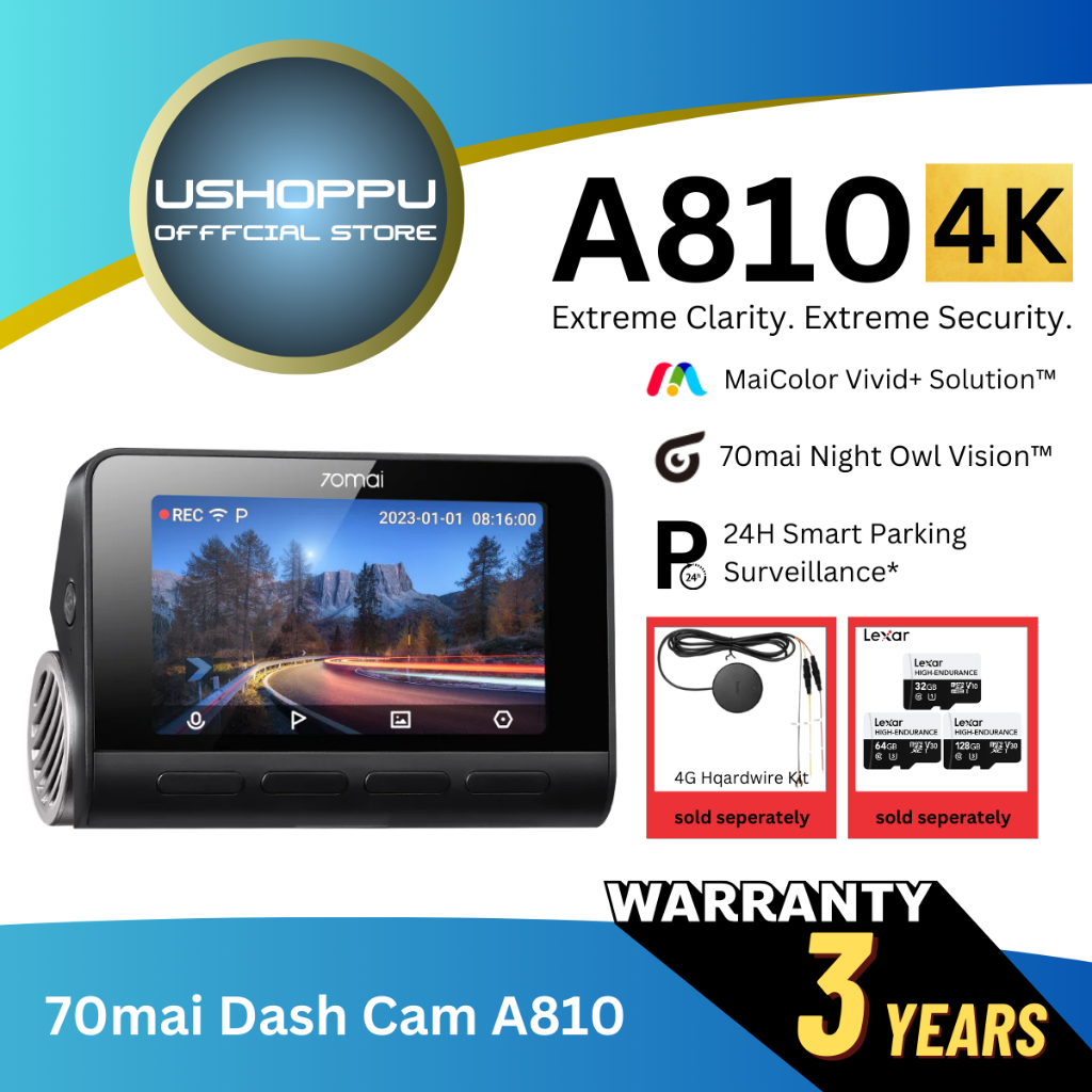 70mai A810 Ultra HD 4K Dash Cam Built-in GPS ADAS 150°FOV Motion Detection Car DVR Support Rear ...
