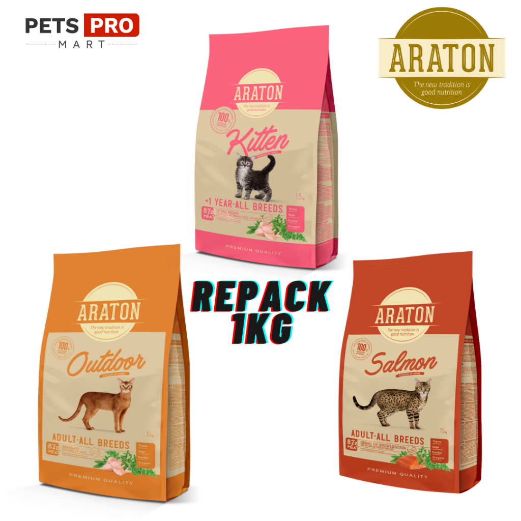 [Repack 1 kg] ARATON Kitten / Salmon Adult / Outdoor Adult (1kg) | cat ...