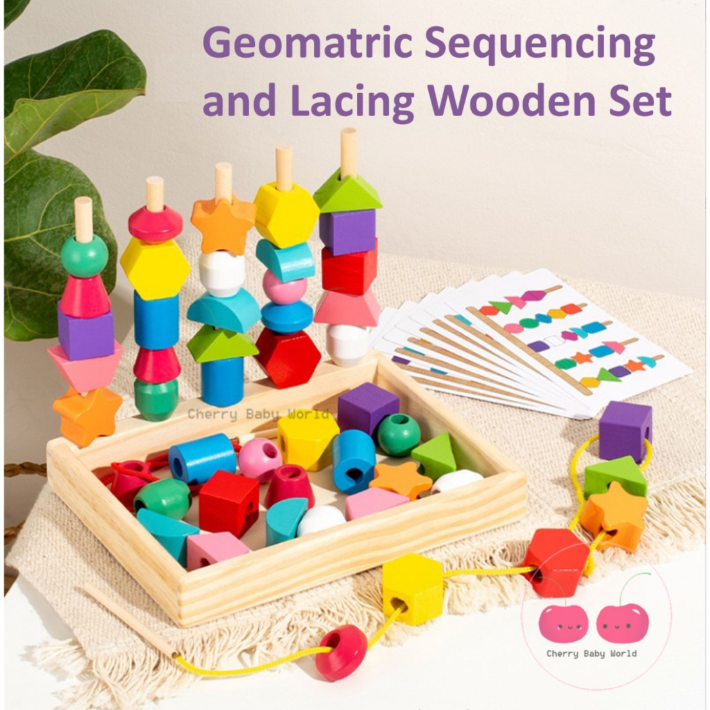 Wooden Lacing and Sequencing Beads Set Montessori Toy Stacking and ...
