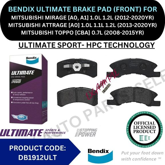 BENDIX ULTIMATE DISC BRAKE PAD (FRONT) FOR MITSUBISHI MIRAGE [A0, A1 ...