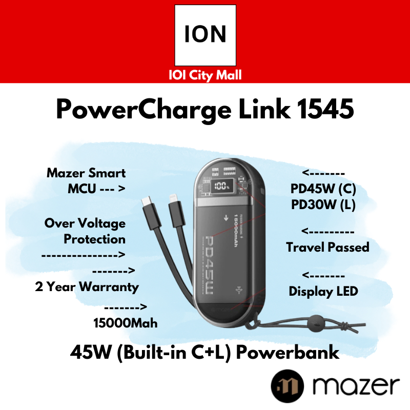 MAZER PowerCharge Link 1545 15000mAh PD45W Power Bank - Black Color | 2 years warranty | Shopee ...