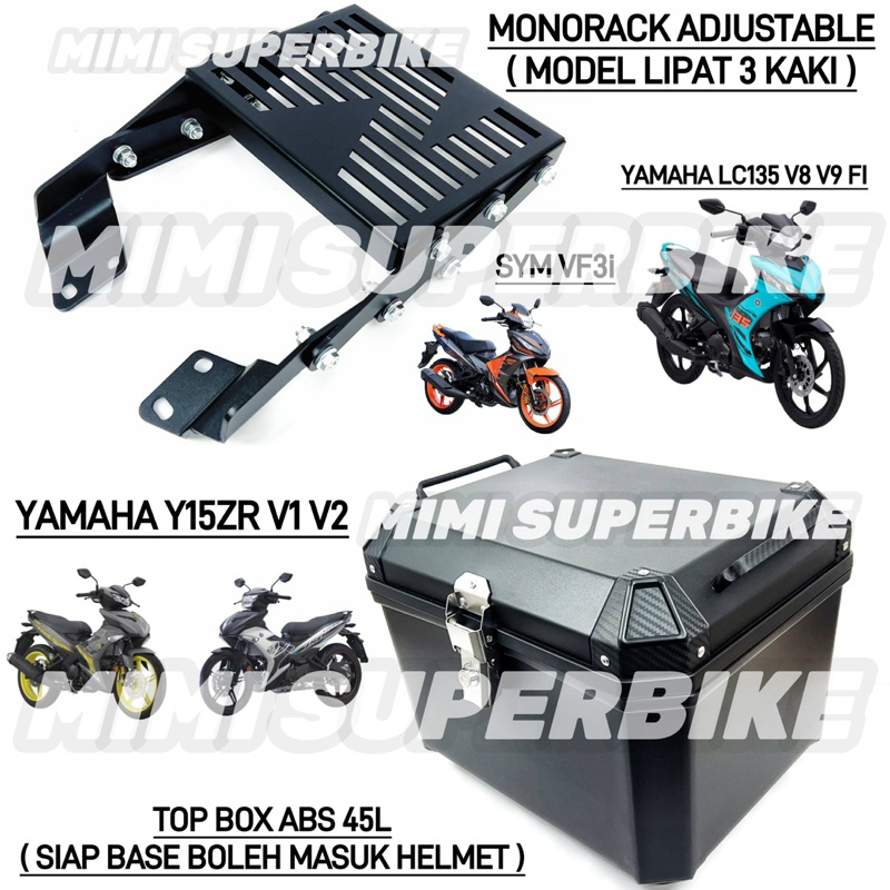 YAMAHA Y15ZR V1 V2 / LC135 V8 V9 FI / SYM 185 VF3i MONORACK LIPAT ADJUSTABLE 3 KAKI TOP BOX ABS ...