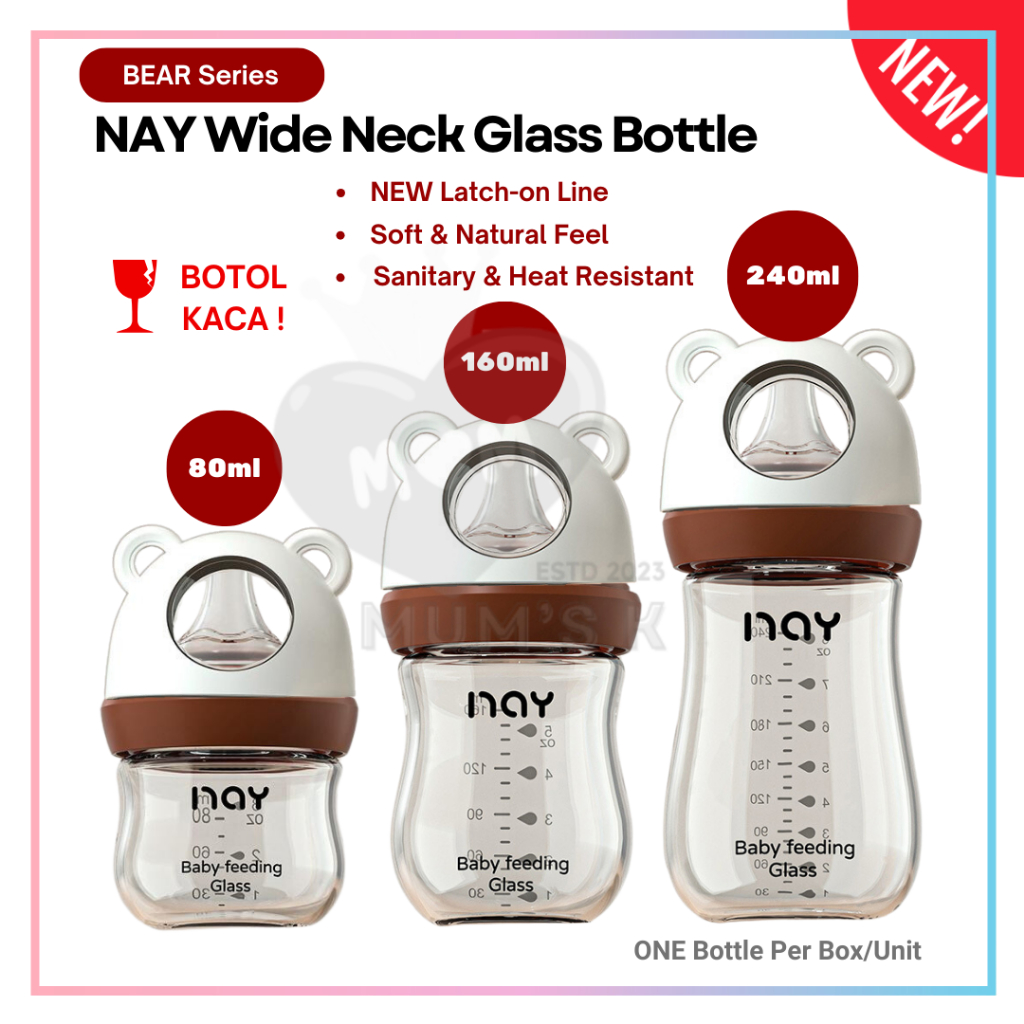 Mum's K Botol Susu Kaca Bayi Leher Lebar 80/160/240ML NAY Bear Wide Neck Newborn Glass Milk ...