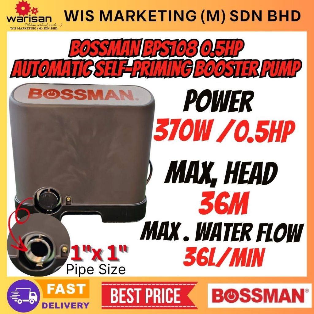BOSSMAN Water Pump BPS108 0.5HP Automatic Self-Priming Booster Pump ...
