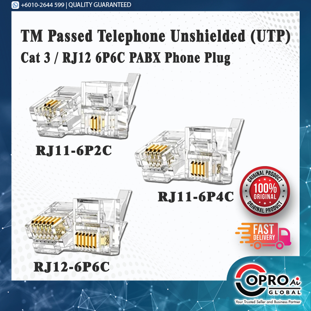 TM Passed Telephone Unshielded (UTP) Cat 3 / RJ12 6P6C PABX Phone Plug ...