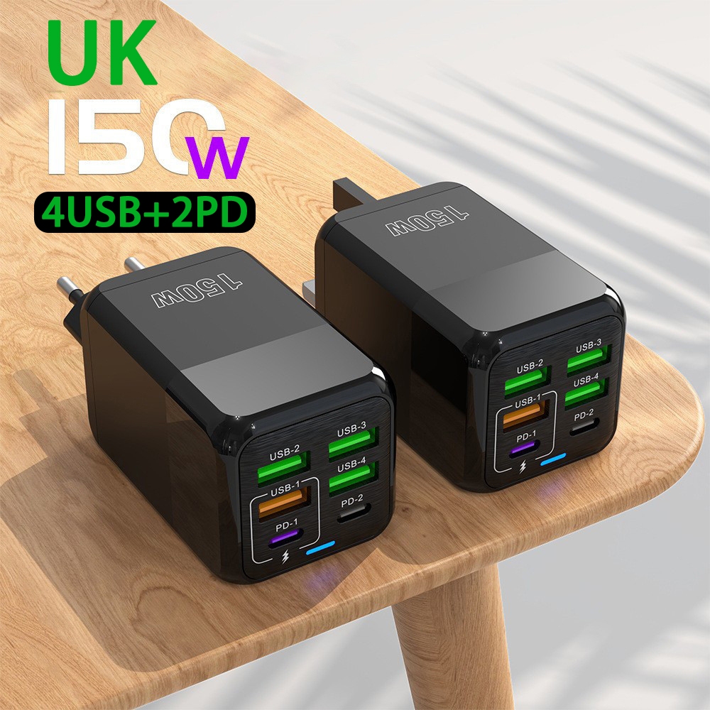 150W 4USB+2PD Fast Charger 5V 3A Travel Phone Charger UK Adapter Wall ...