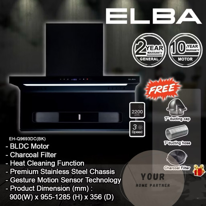 Elba VENTA Designer Cooker Hood 2200M3/HR EH-Q9693DC(BK)Gesture Motion ...