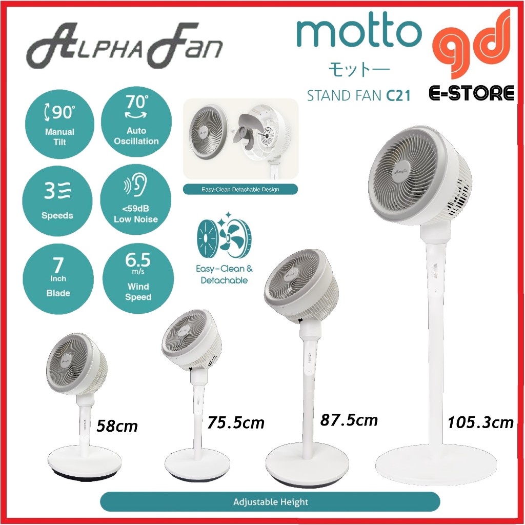 Alpha Motto Stand Fan SF C21/7 Adjustable Height 3 Speeds Low Noise SFC21/7 | Shopee Malaysia