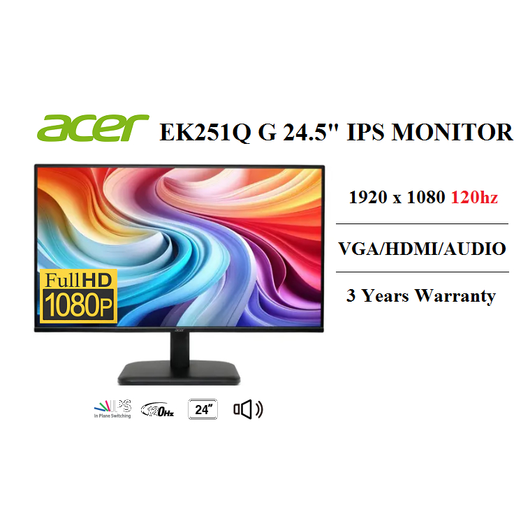 Acer EK251Q G 24.5" IPS 120hz 1ms FHD Monitor (VGA/ HDMI/ SPEAKER ...