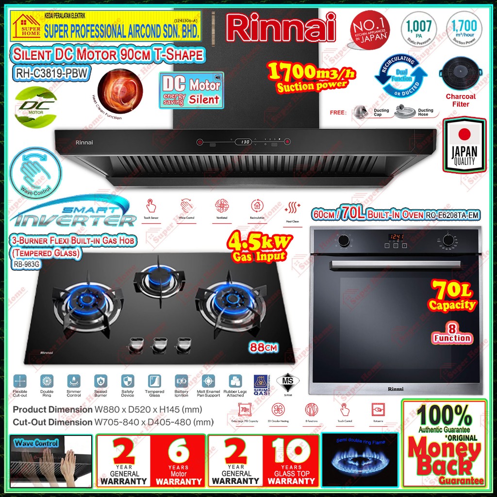 Rinnai Chimney Hood RH-C3819-PBW / Rinnai Gas Hob RB-983G 88cm (4.5kW) / Rinnai Built-In Oven RO ...