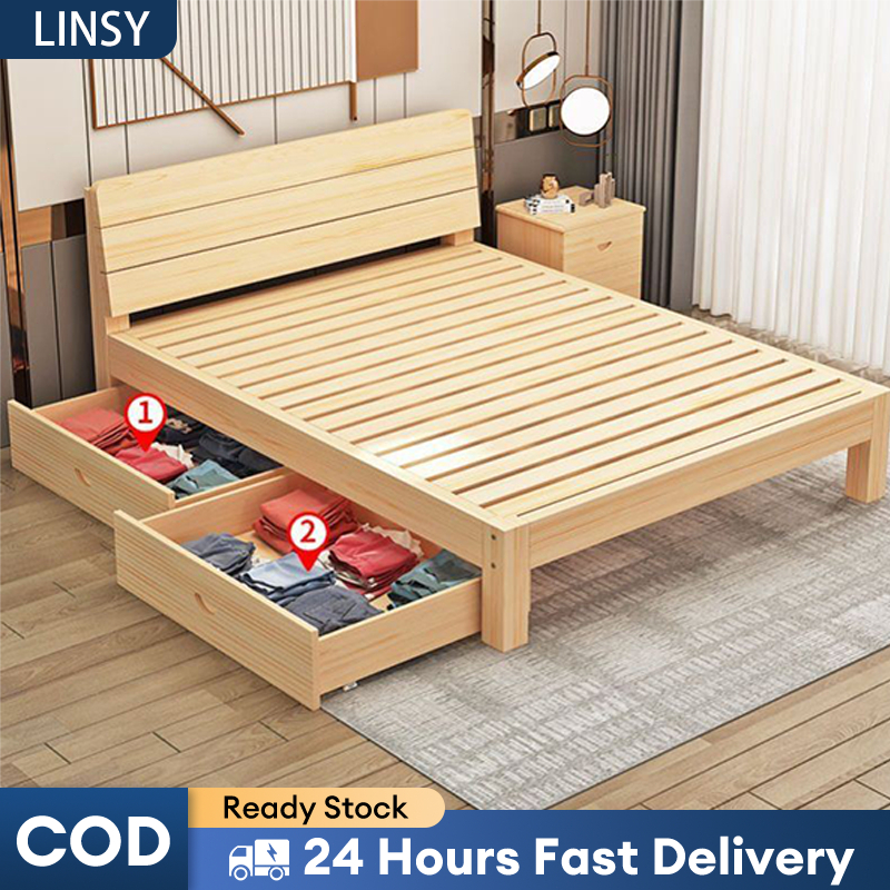 𝐋𝐈𝐍𝐒𝐘 𝟏𝟎𝟎%𝑺𝒐𝒍𝒊𝒅 𝑾𝒐𝒐𝒅 Katil Kayu Solid Wood Bed Frame With Drawer Queen ...