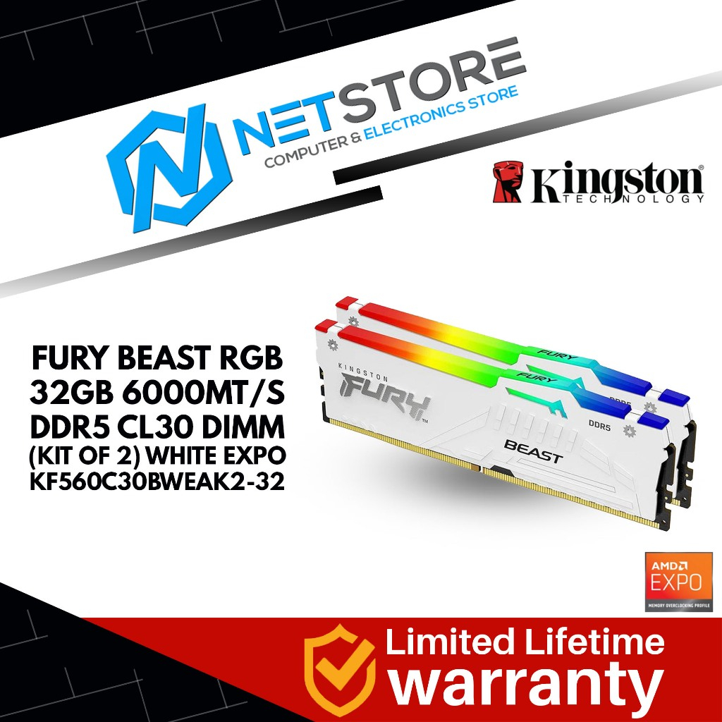KINGSTON FURY BEAST RGB 32GB 6000MT/S DDR5 CL30 DIMM (KIT OF 2) WHITE EXPO - KF560C30BWEAK2-32 ...