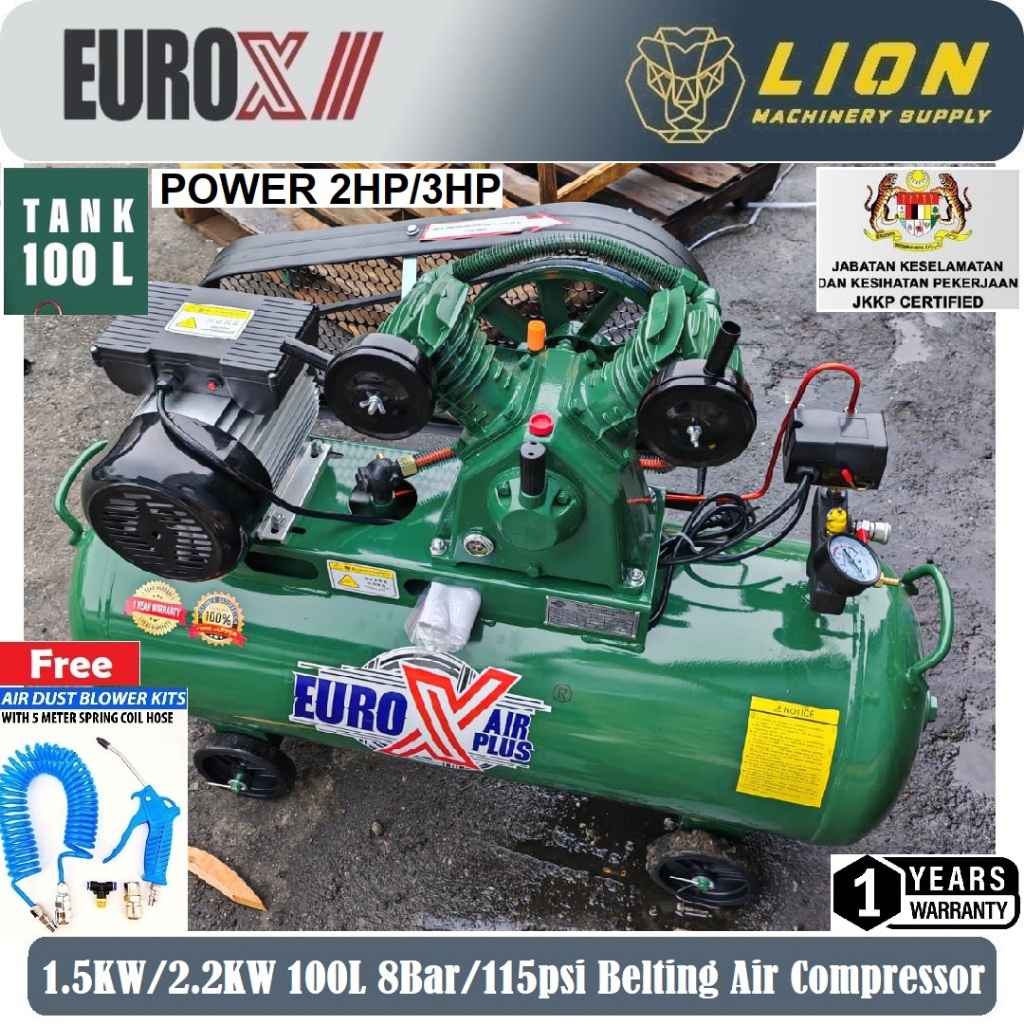 EUROX AIR PLUS 2HP/3HP 100Litre 8Bar/115psi Belting Air Compressor with JKKP Cert - 100% Pure ...