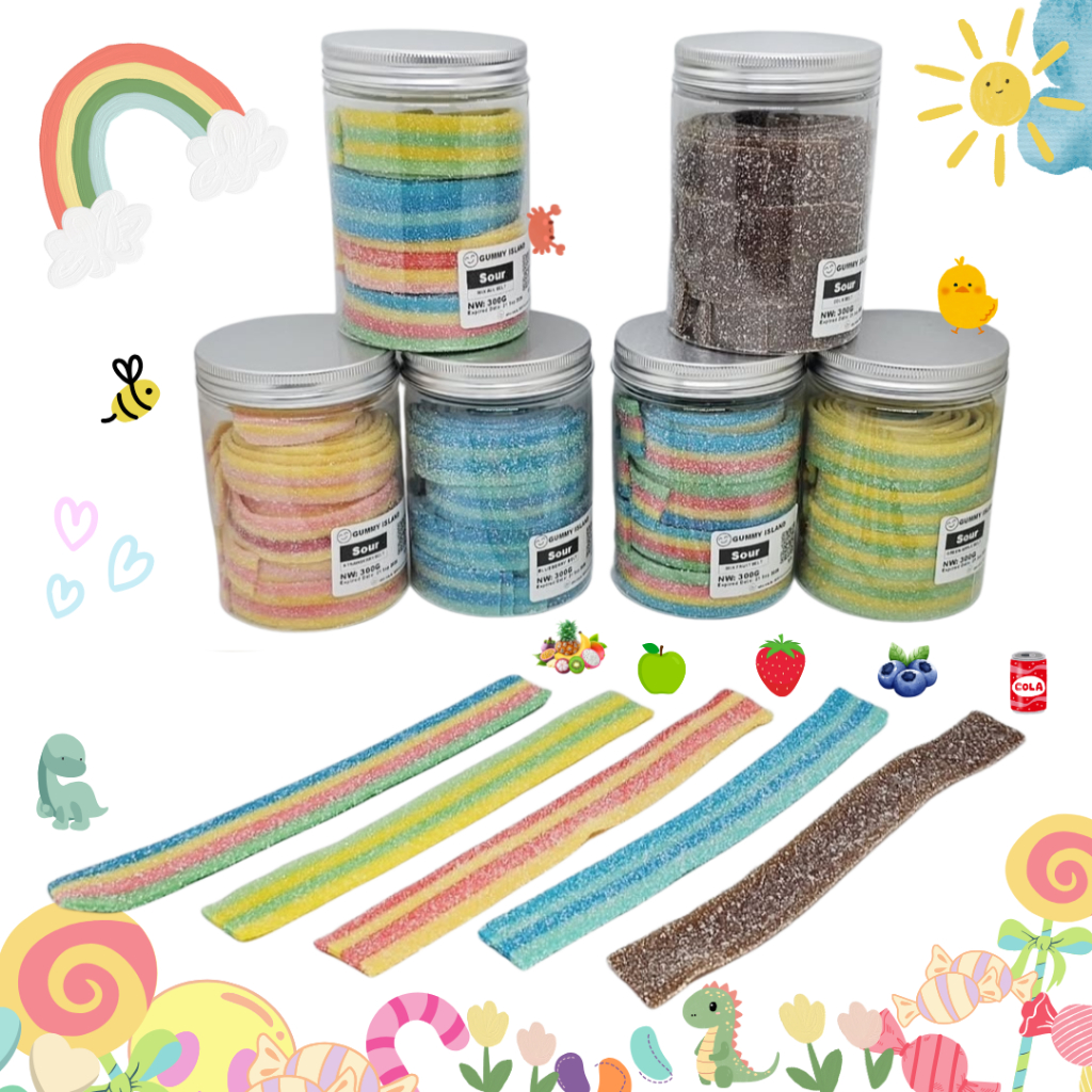5 Flavour Sour Belt & Tape Gummy Candy (200g / 300g) Gula HALAL Cola ...