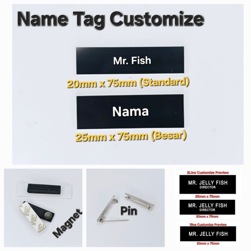 Name Tag Nama Customize 20mmx75mm/25mmx75mm Black Tag White Word ...