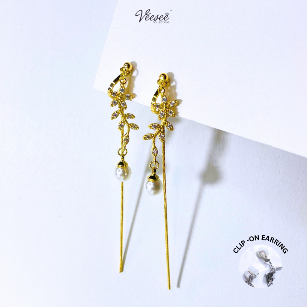 Veesee Clip On Earring S925 Elegant Korean Gold Flower String With ...