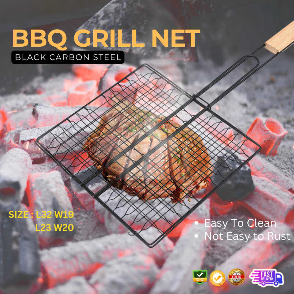 BACK CARBON STEEL BARBEQUE GRILL NET/BASKET/WITH WOODEN HANDLE/BBQ ...