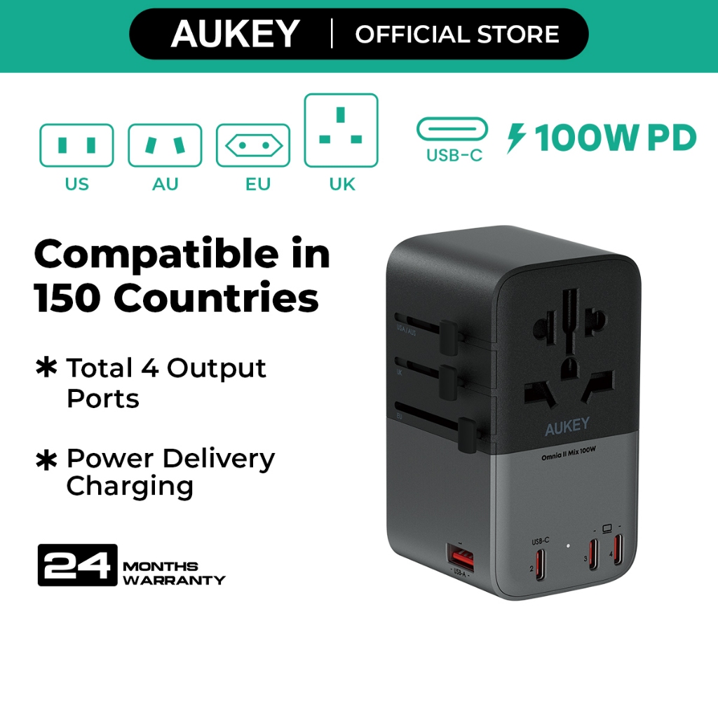 Aukey PA-TA09A 100W Travel Mate GaN Universal Adapter With USB ports ...
