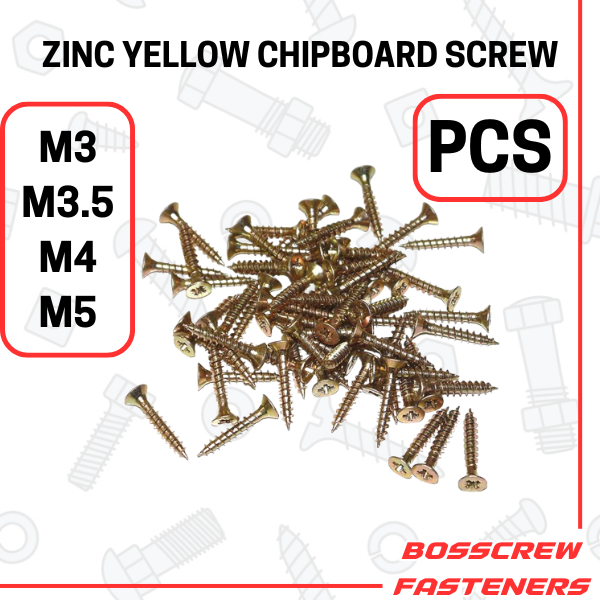 Zinc Yellow - Chipboard Screw (m3 ~ m5) x (12mm ~ 65mm) Wood Screw ...