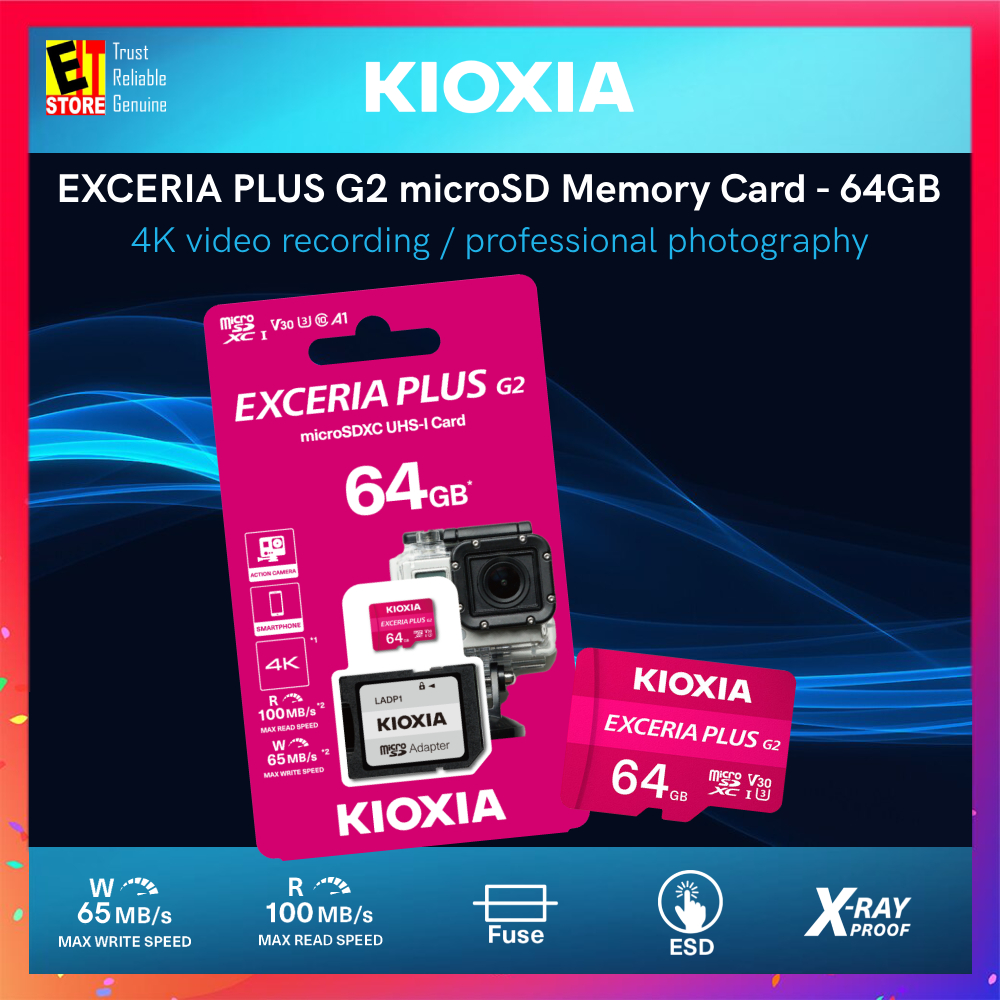 Kioxia EXCERIA PLUS G2 microSD Memory Card ( 64GB/128GB / R100/W65 / U3 / V30 / 5-year limited ...