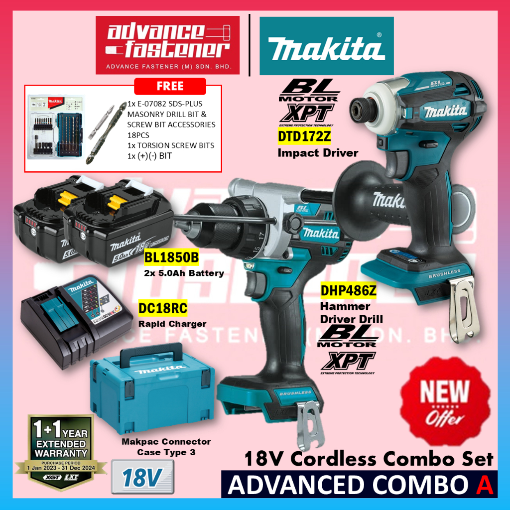 Makita 18V Cordless Advanced Combo Set A / B / C ( DHP486 Cordless Hammer Driver Drill / DTD172 ...