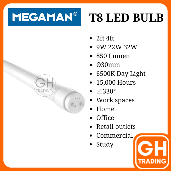 Megaman T8 LED Tube 2ft 4ft Light Bulb Light Stick Mentol Lampu Stik 9W ...