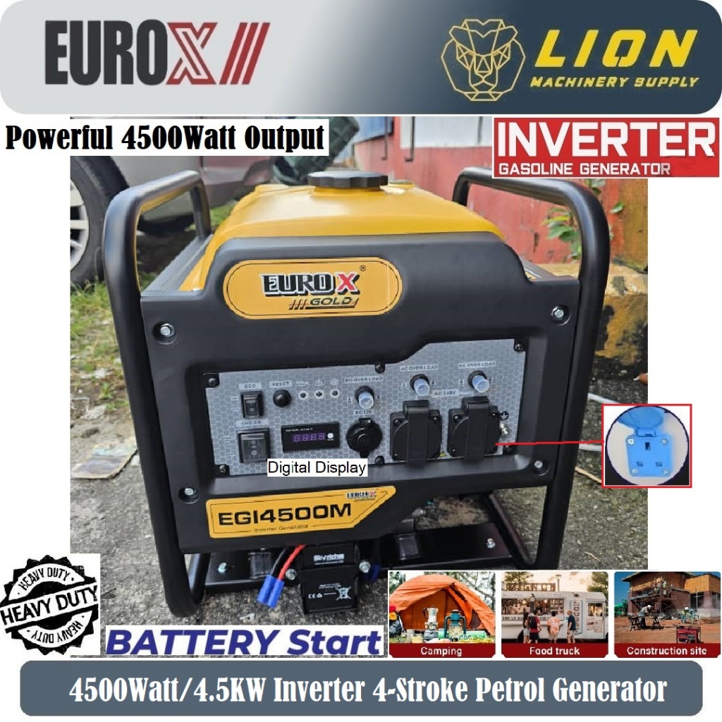 EUROX 4500W Inverter 4-stroke Petrol Generator EGI4500M with Battery Button Start - Heavy Duty ...
