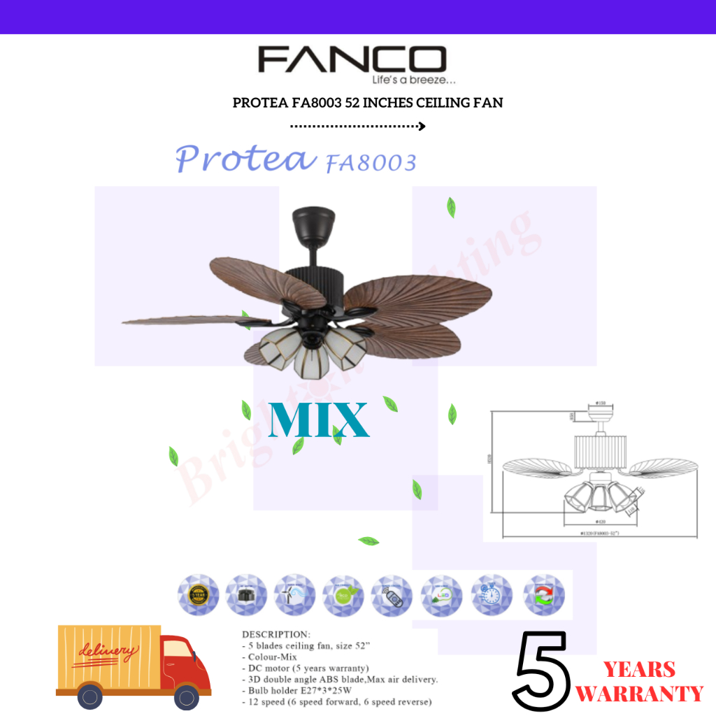 FANCO PROTEA FA8003 52 Inches 5 Blade DC Motor 6R 6F Speed Remote ...
