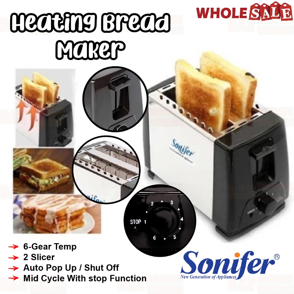 SONIFER SF-6007 Toaster Automatic Pop Up 2 Slices Fast Heating Bread ...