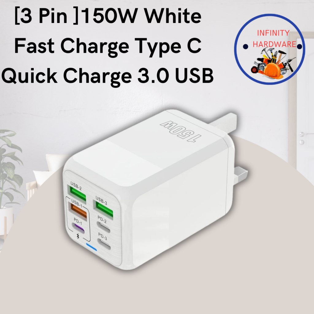 [3 Pin ]150W White Fast Charge Type C Quick Charge 3.0 USB Charger ...