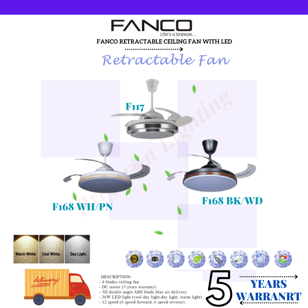 FANCO Retractable Ceiling Fan 42 Inches DC Motor with 3 Color LED Light ...