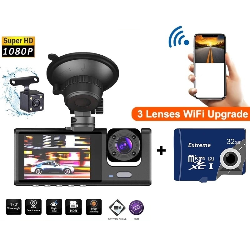 Black Box 24H Record FHD 3 Camera Dashcam for Front + Interior + Back ...