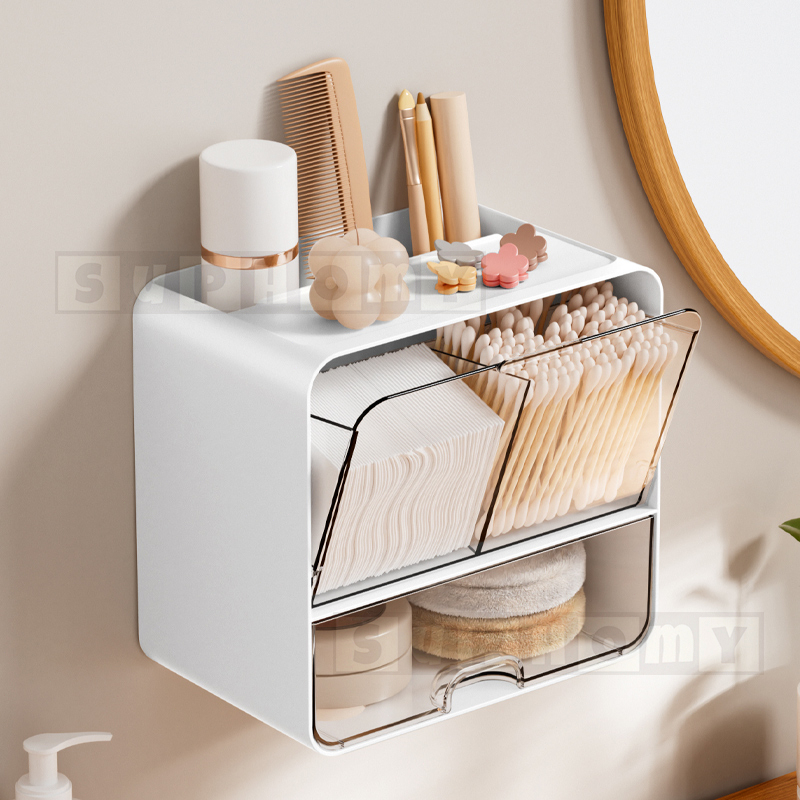Bathroom Wall-Mounted Cotton pad Storage Box Dormitory Punch-Free Flip ...