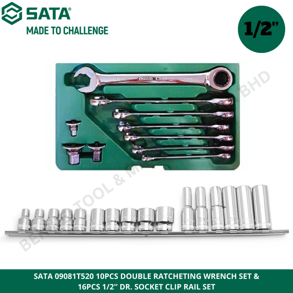 (ND) SATA 09081T520 10PCS DOUBLE RATCHETING WRENCH SET & 16PCS 1/2'' DR ...