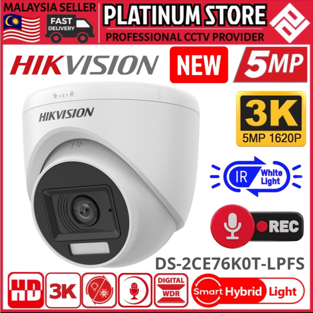 HIK HIKVISION Smart Hybrid Light 3K 5.0MP Dome Indoor Camera DS-2CE76K0T-LPFS Mic Audio Record ...
