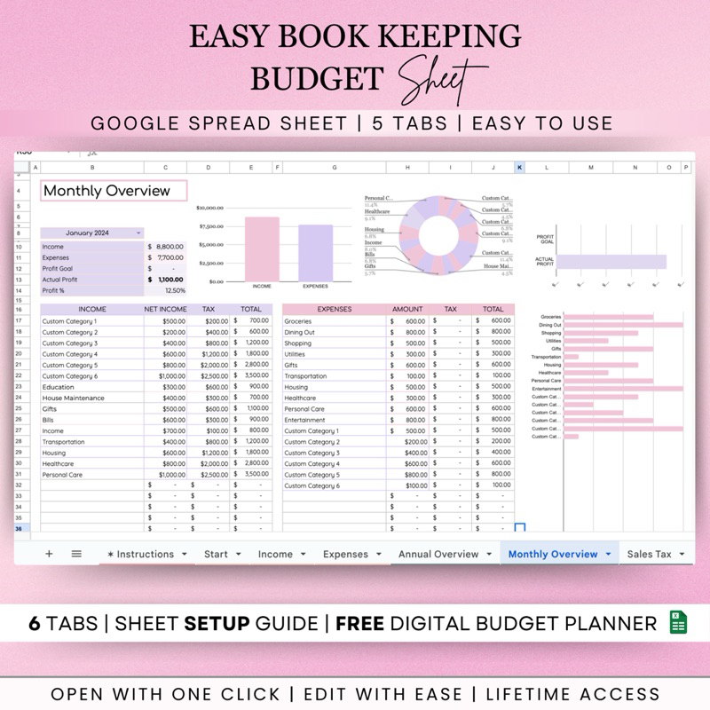 Easy Bookkeeping Template, Small Business Spreadsheet, Income & Expense ...