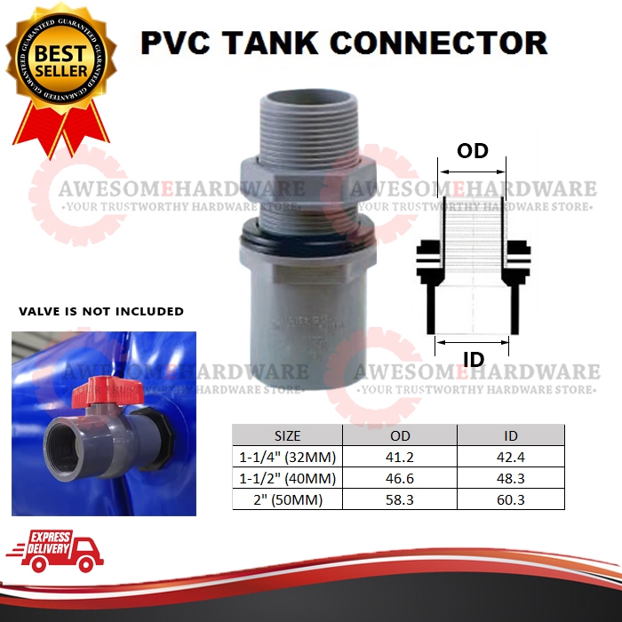 (1 1/4", 1 1/2", 2") GREY PVC TANK CONNECTOR WATER PIPE FITTING JOINT ...