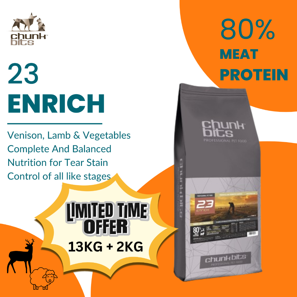 CHUNKBITS ENRICH 23 Dry Dog Food 13KG+2KG/15KG/Dog Food/Kibbles/VENISON, LAMB & VEGETABLES ...