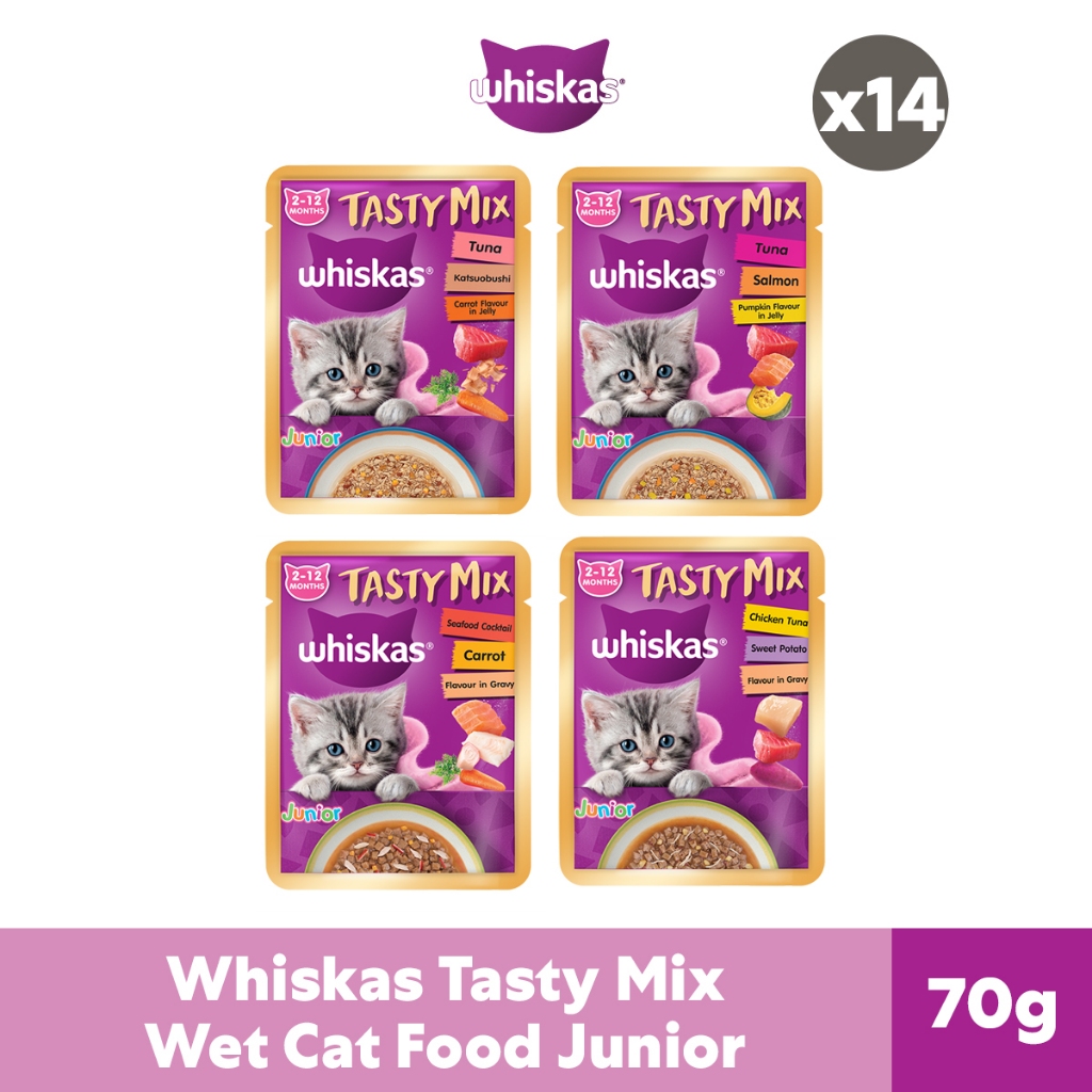 WHISKAS Tasty Mix Junior Cat Wet Food Kitten 70g (14-Pack) | Shopee ...