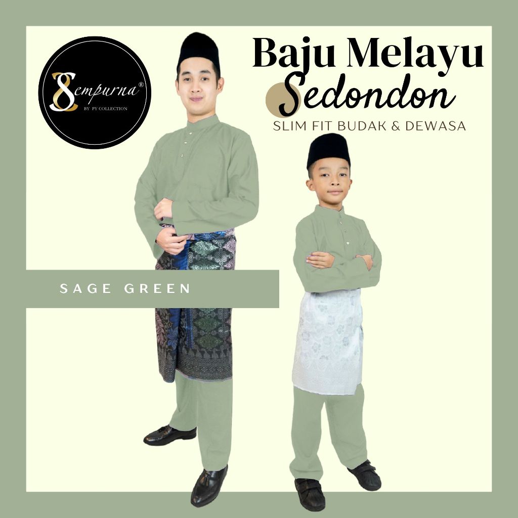 BAJU MELAYU SEMPURNA 2025 SLIM FIT COTTON SAGE GREEN SEPASANG DEWASA ...